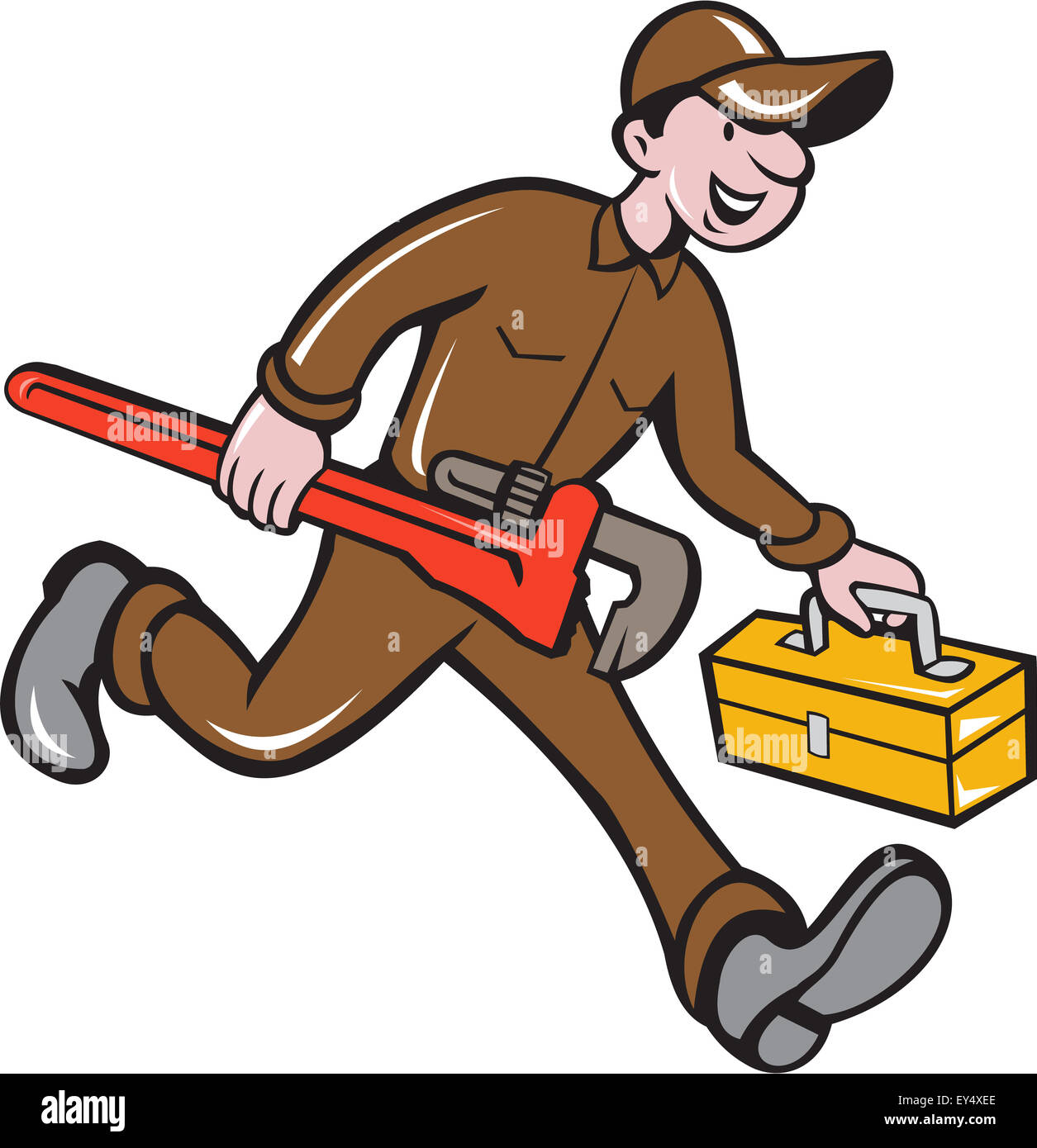 Illustration of a plumber in overalls and hat carrying monkey wrench ...