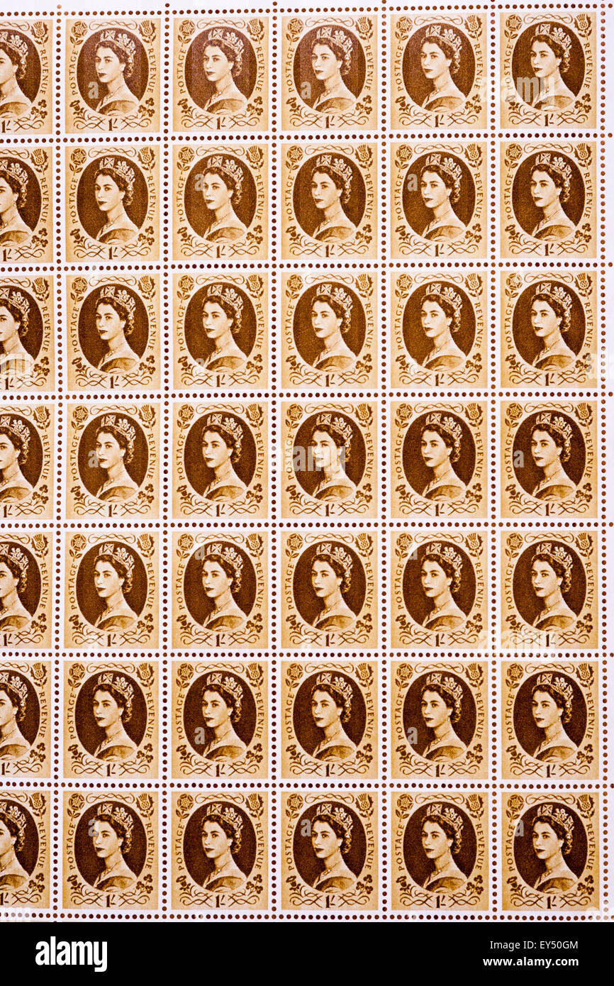 Sheet of British postage stamps. Circa 1950s, Queen Elizabeth 1 ...