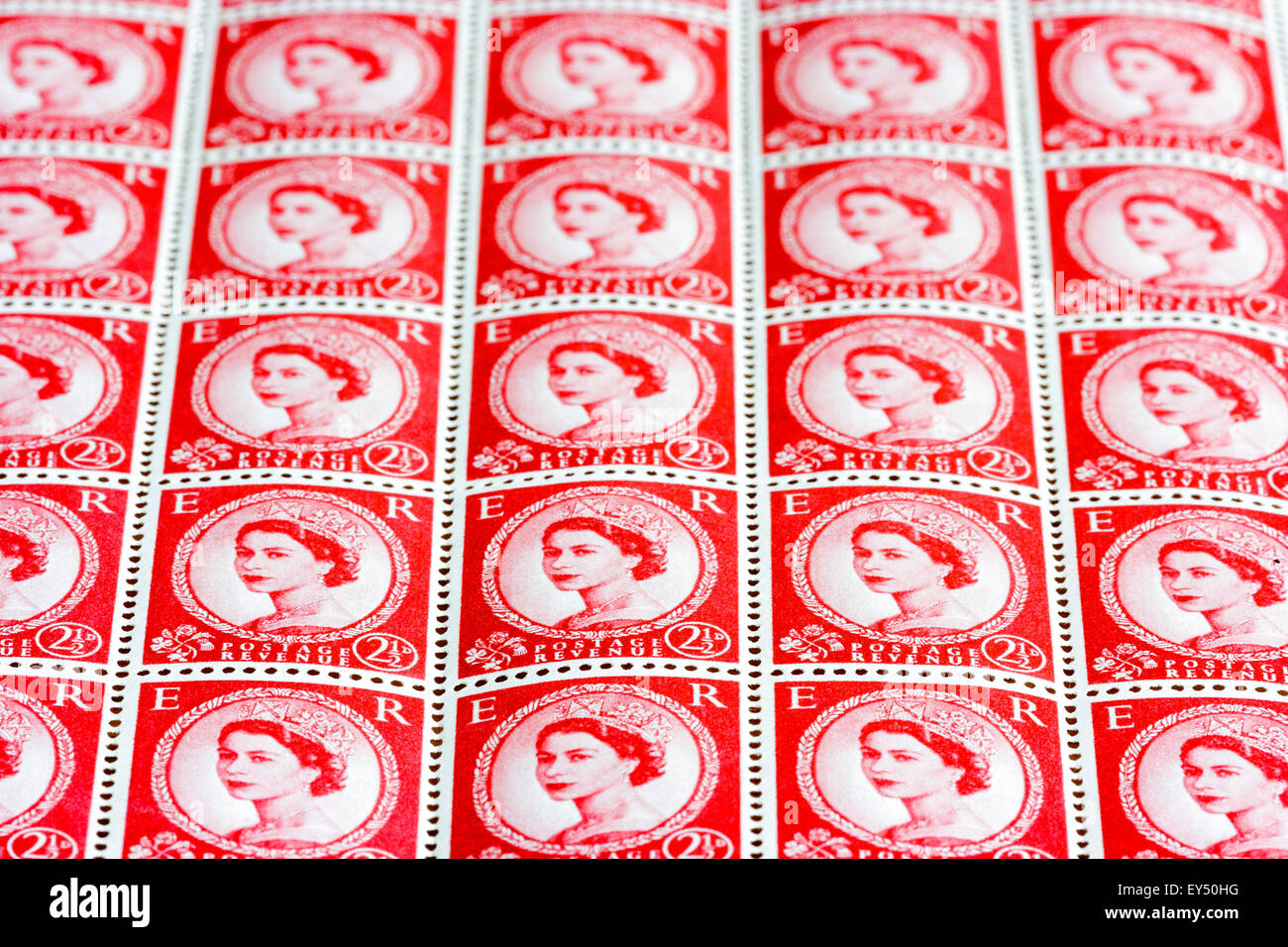 Sheet of British postage stamps. Circa 1950s, Queen Elizabeth 2½d ...