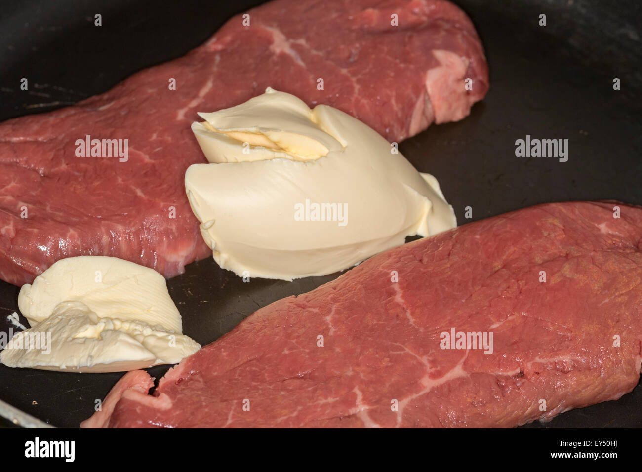 Beef steak fried in pan with butter Stock Photo - Alamy