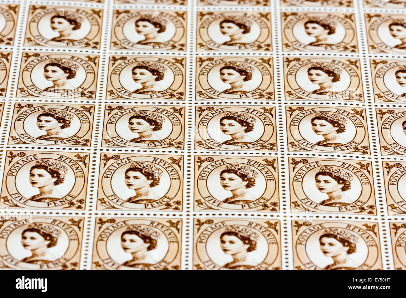 Sheet of British postage stamps. Circa 1950s, Queen Elizabeth 5d olive ...