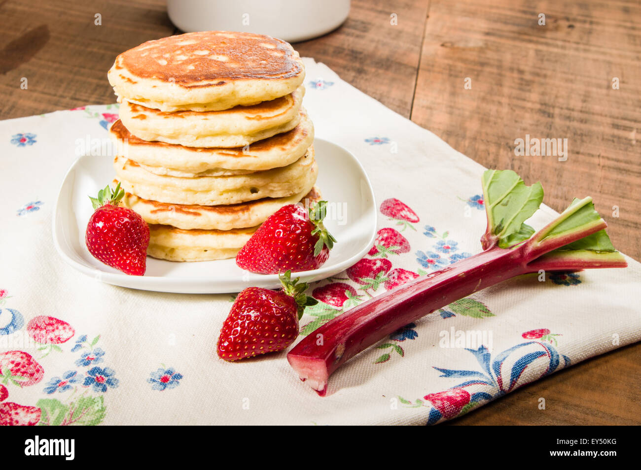 Stack of pancakes with strawberries and rhubarb Stock Photo - Alamy