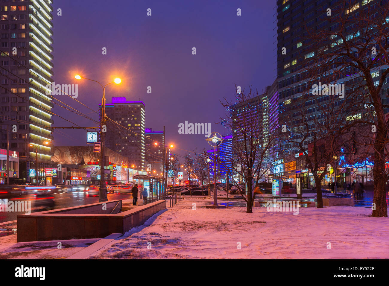 New Arbat street of Moscow at winter night. Residential houses (left ...