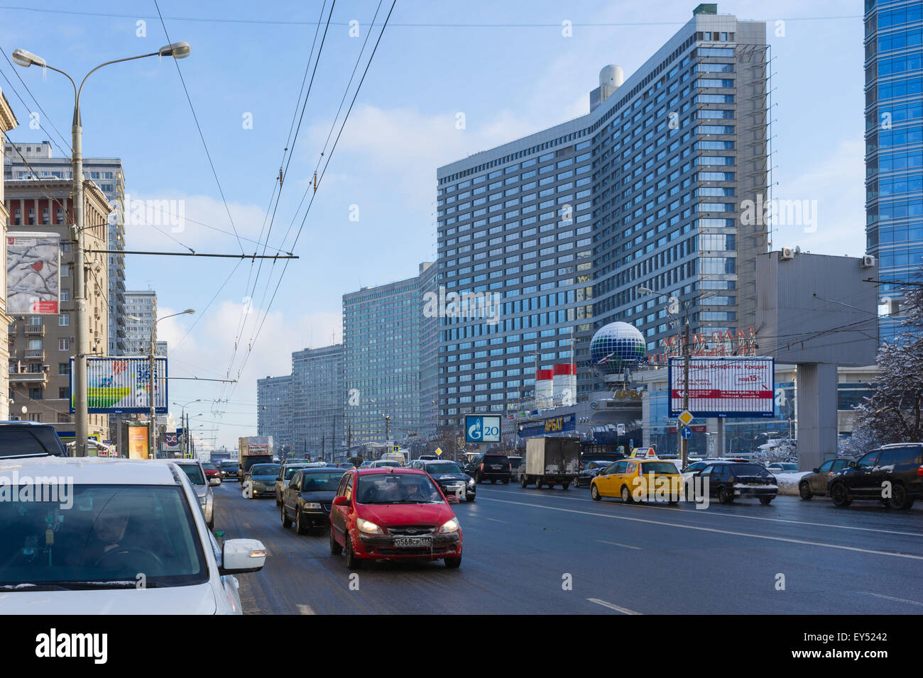 New Arbat street of Moscow in wintertime. Residential houses (left ...