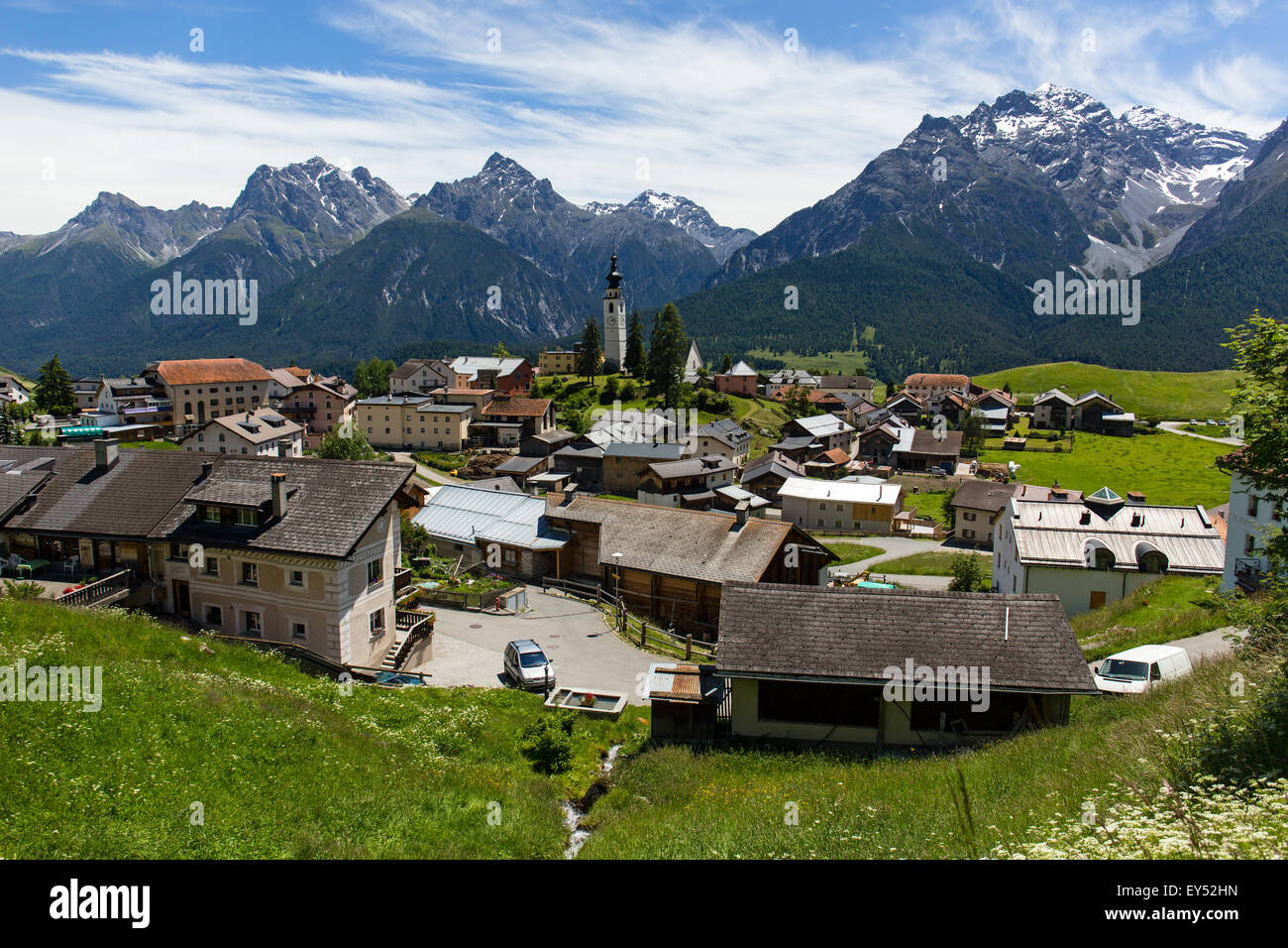 Ftan with Sesvenna and Lischana group, Piz Lischana, Piz San Jon Dadora ...