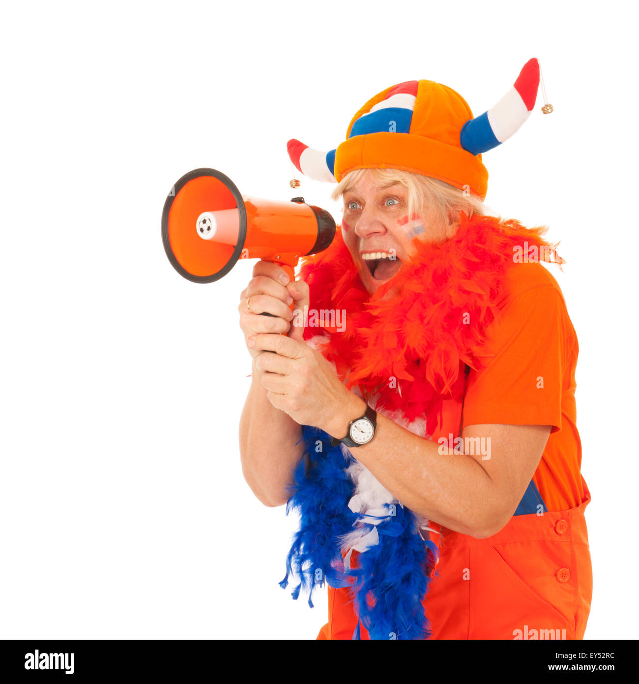 Senior female Dutch soccere supporter isolated over white background ...