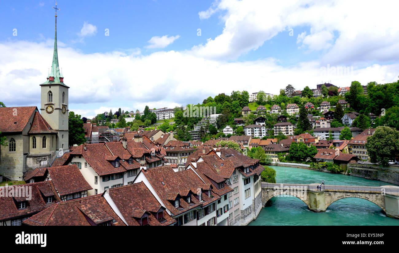 Scene of historical old town city and church and river on bridge in ...