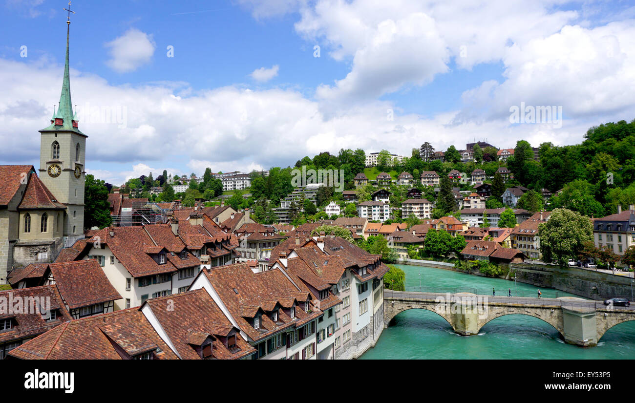 viewpoints of historical old town city and church on bridge in Bern ...