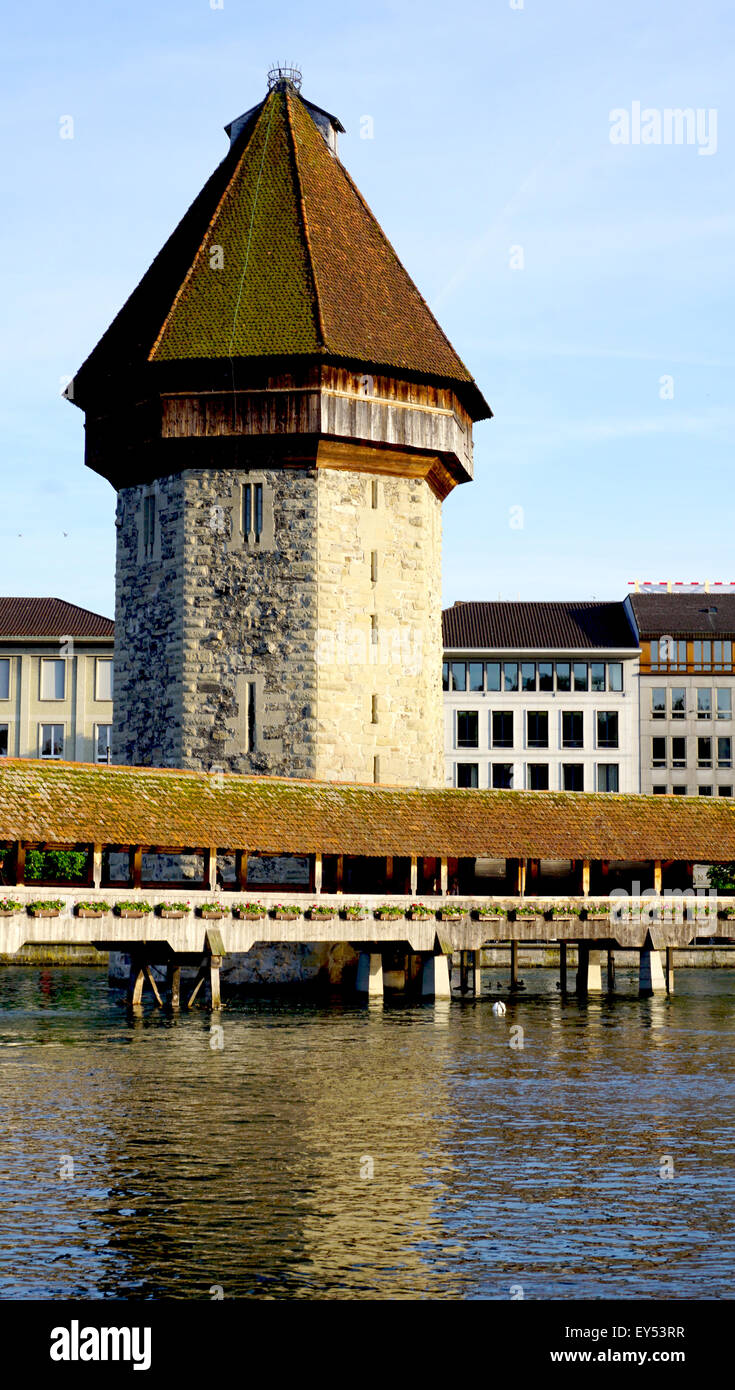 close up tower and wooden Chapel Bridge in Lucerne, Switzerland Stock ...