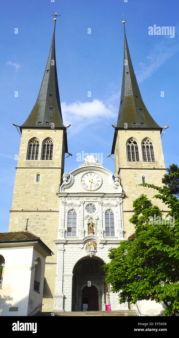 Famous historical church (Hofkirche cathedral) in Lucerne, Switzerland ...