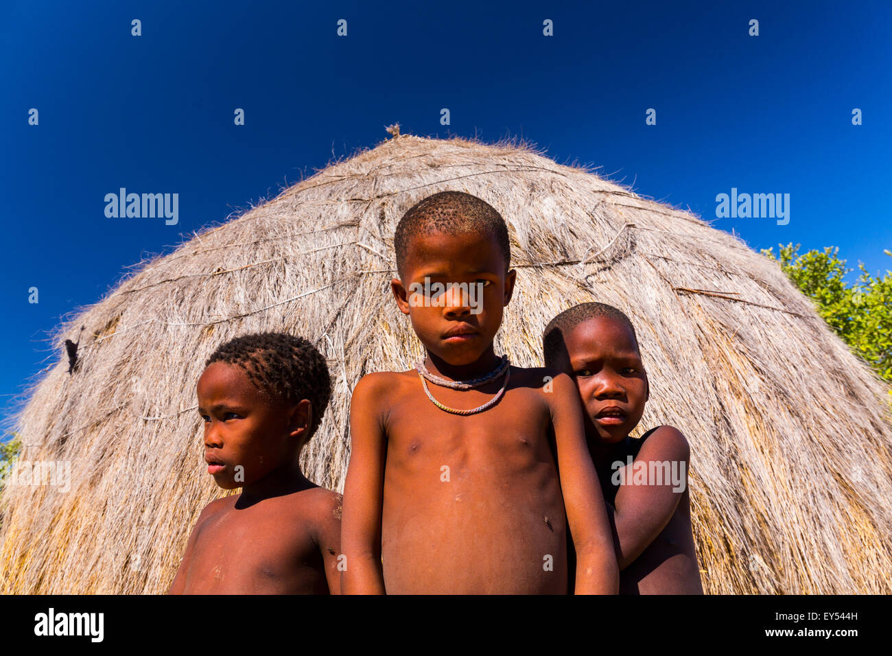 Bushman children in front of a hut - Kalahari Botswana Stock Photo - Alamy