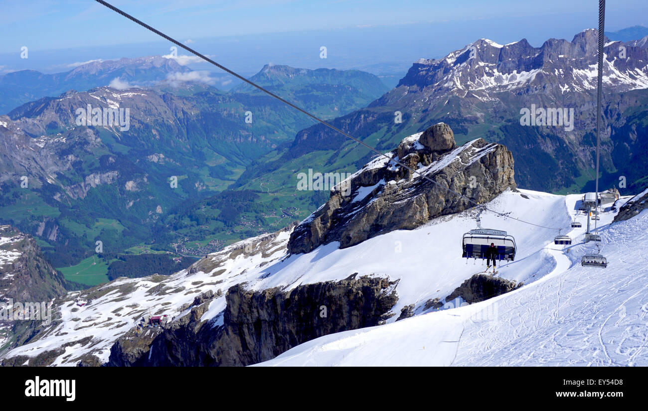 View of snow mountains titlis and cable car moving , Engelberg ...