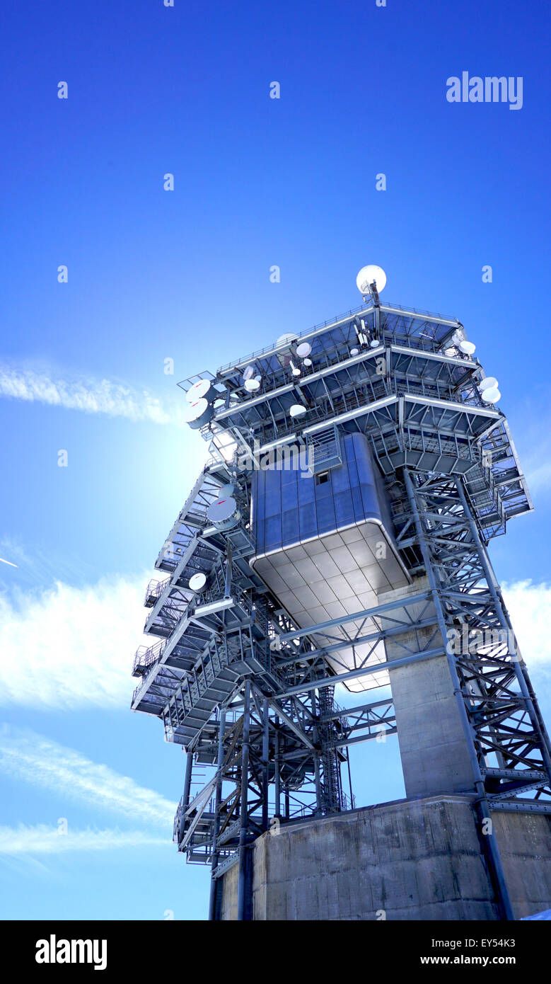 Observatory control tower structure on top of snow mountains Stock ...