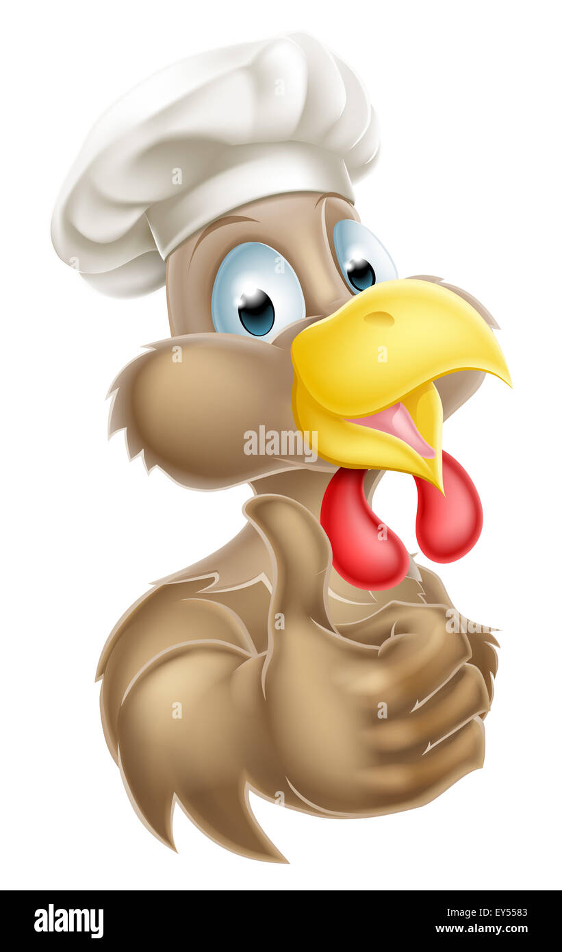 A cartoon brown chicken rooster mascot wearing a chef hat and giving a ...