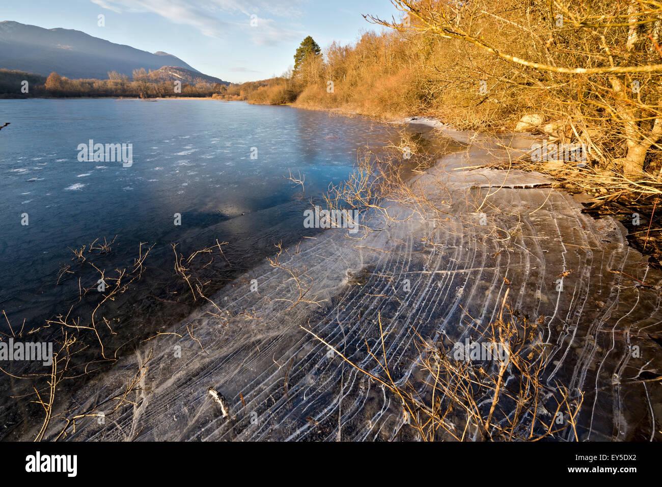Lake Armaille taken by ice - Bugey France Parallel lines are "varves ...