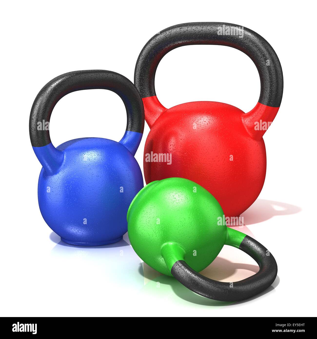 Red, green and blue kettle bells weights isolated on a white background ...