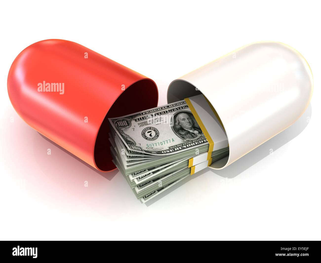 Opened red pill capsule, with dollars stack inside. Isolated on white ...