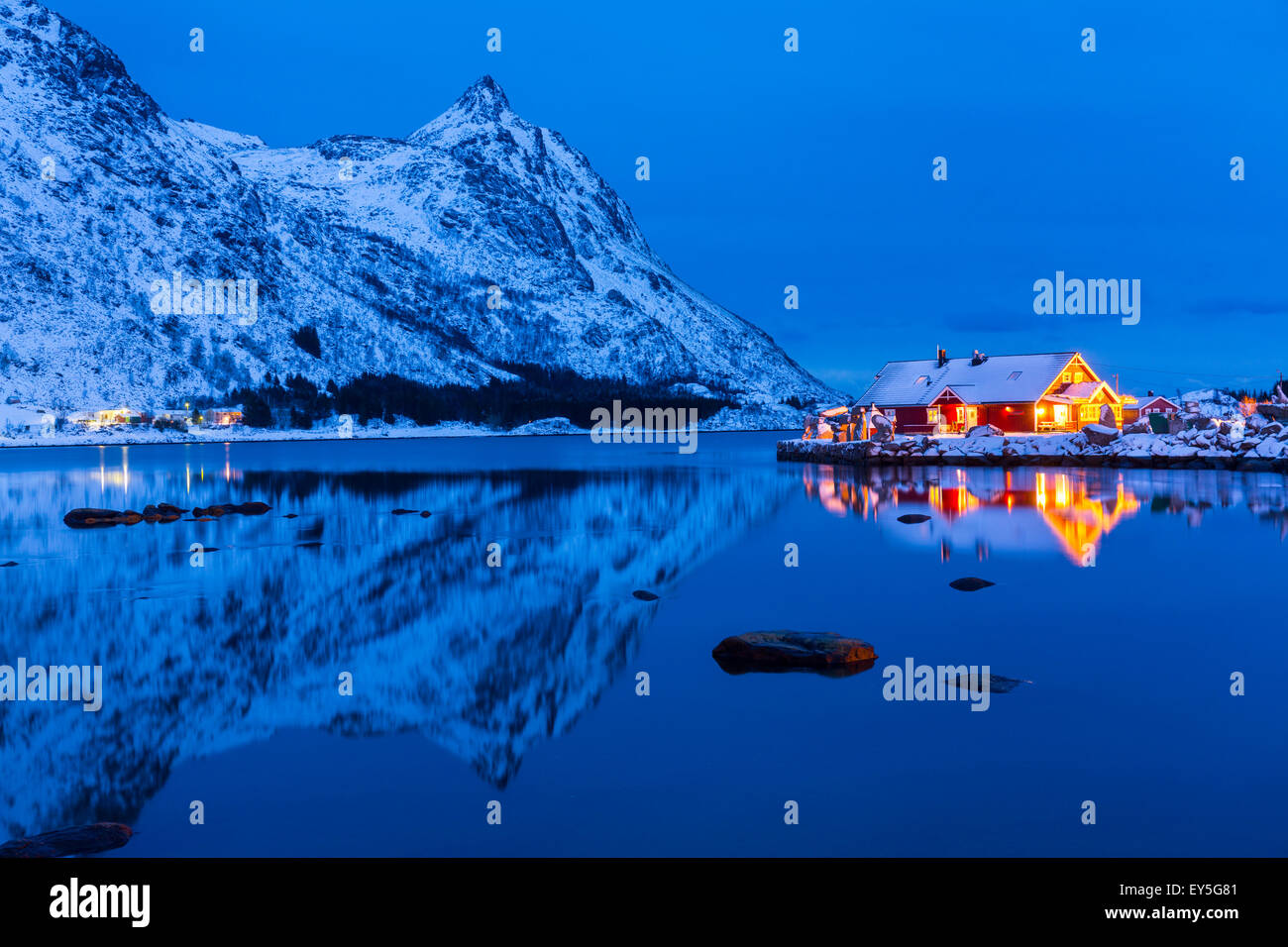 Traditional house at dusk - Lofoten Norway Stock Photo - Alamy