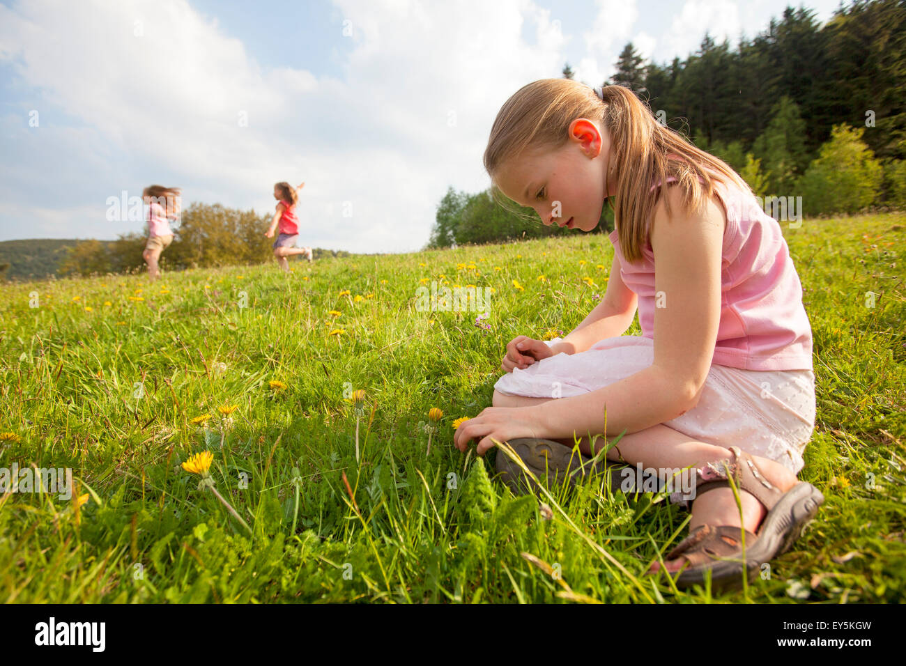 Girl sitting in a meadow in spring - Alsace France Stock Photo - Alamy