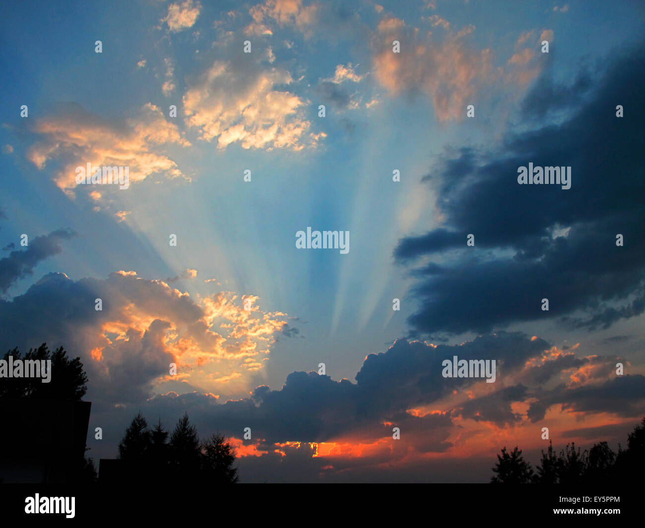 Sun-rays over sunset sky Stock Photo - Alamy
