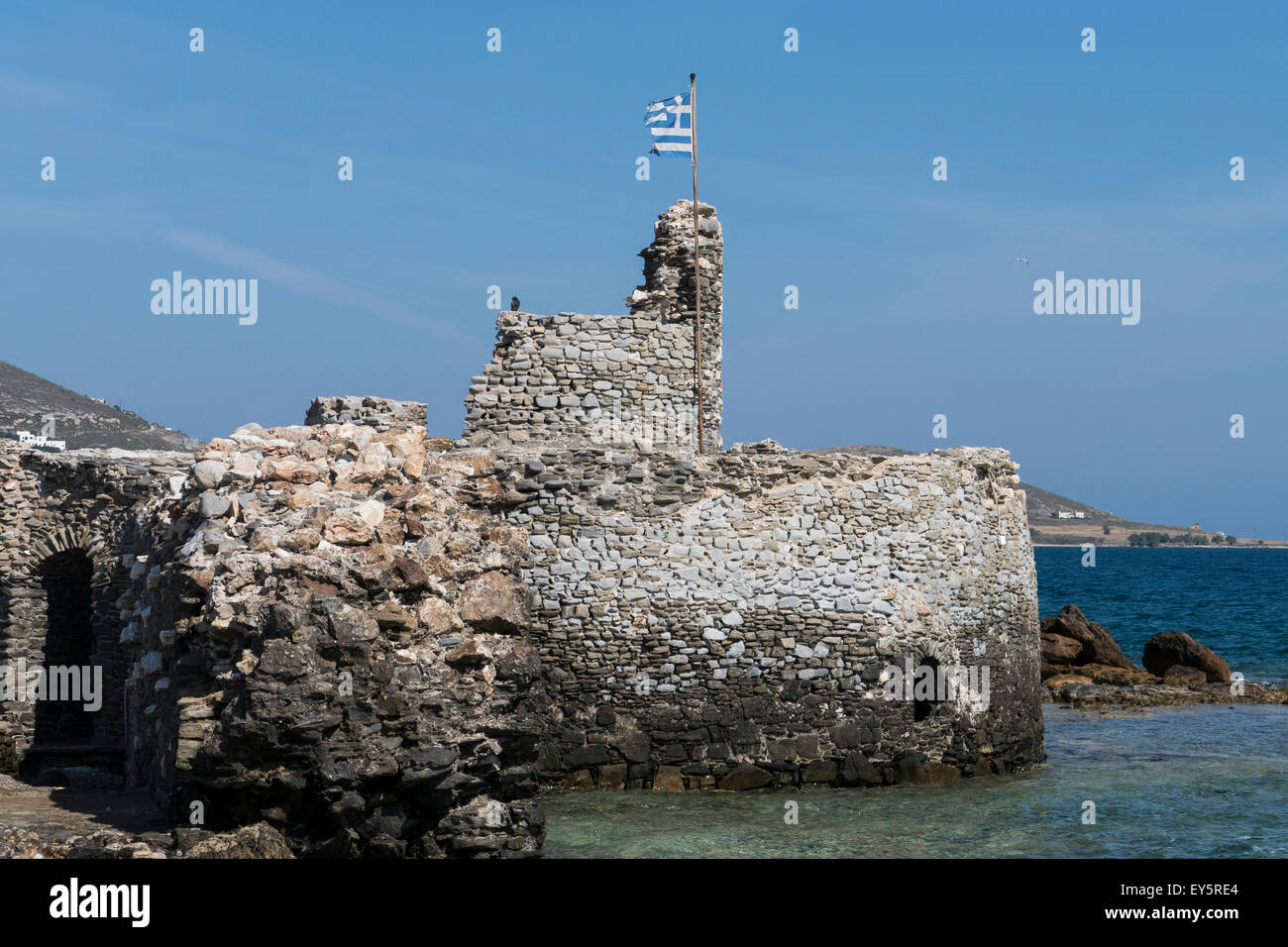 Greece, Cyclades, Paros, Naoussa, ruined fort at harbour entrance Stock ...
