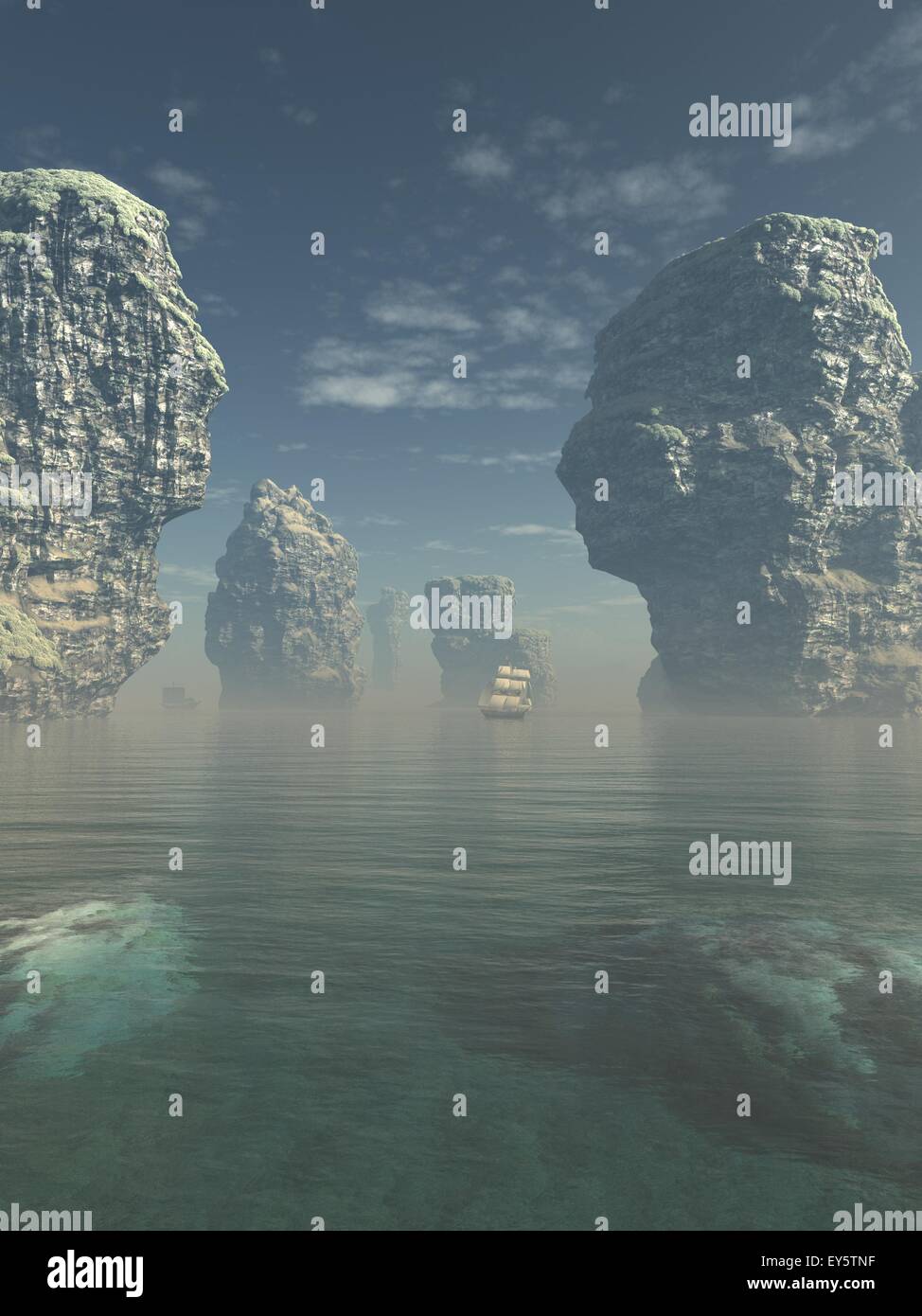 Sailing Ship and Giant Sea Stacks Stock Photo - Alamy