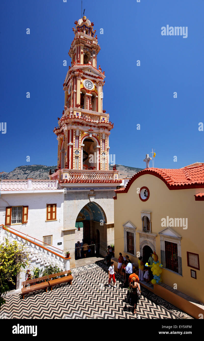 The impressive belfry of Panormitis monastery, one of the most ...