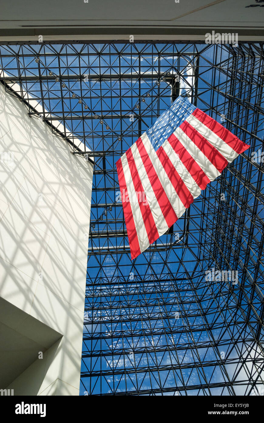 The American stars and stripes flag inside the JFK Memorial Library and ...