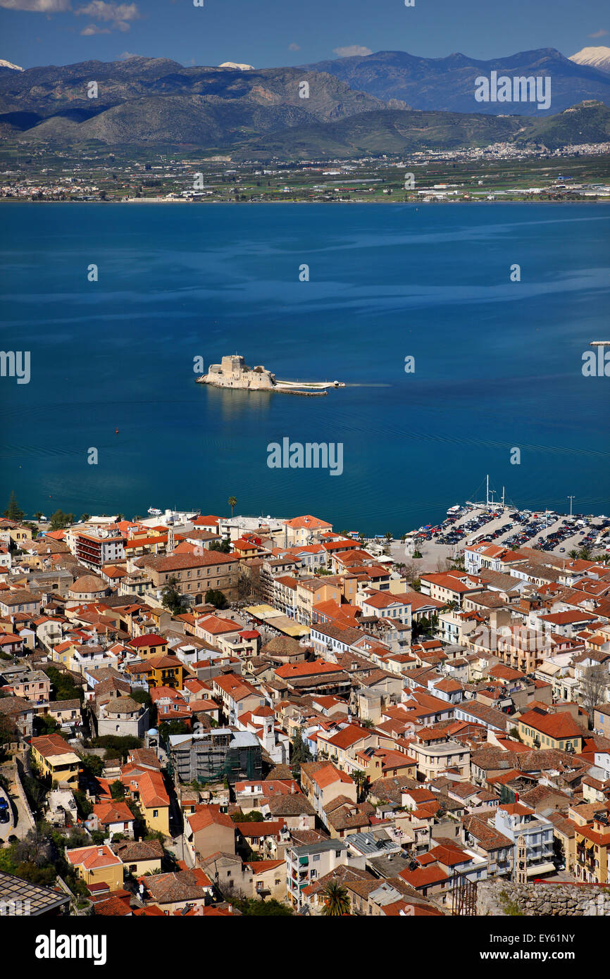 View of Nafplio town from the stairs that lead to Palamidi castle ...