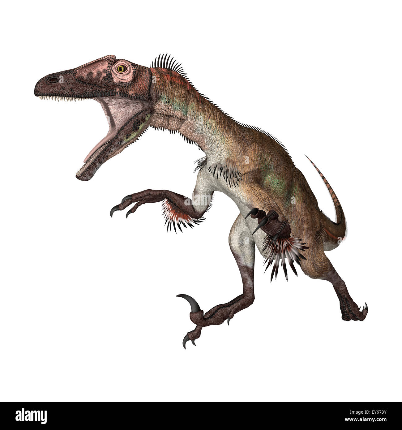 3D digital render of a dinosaur utahraptor running isolated on white ...