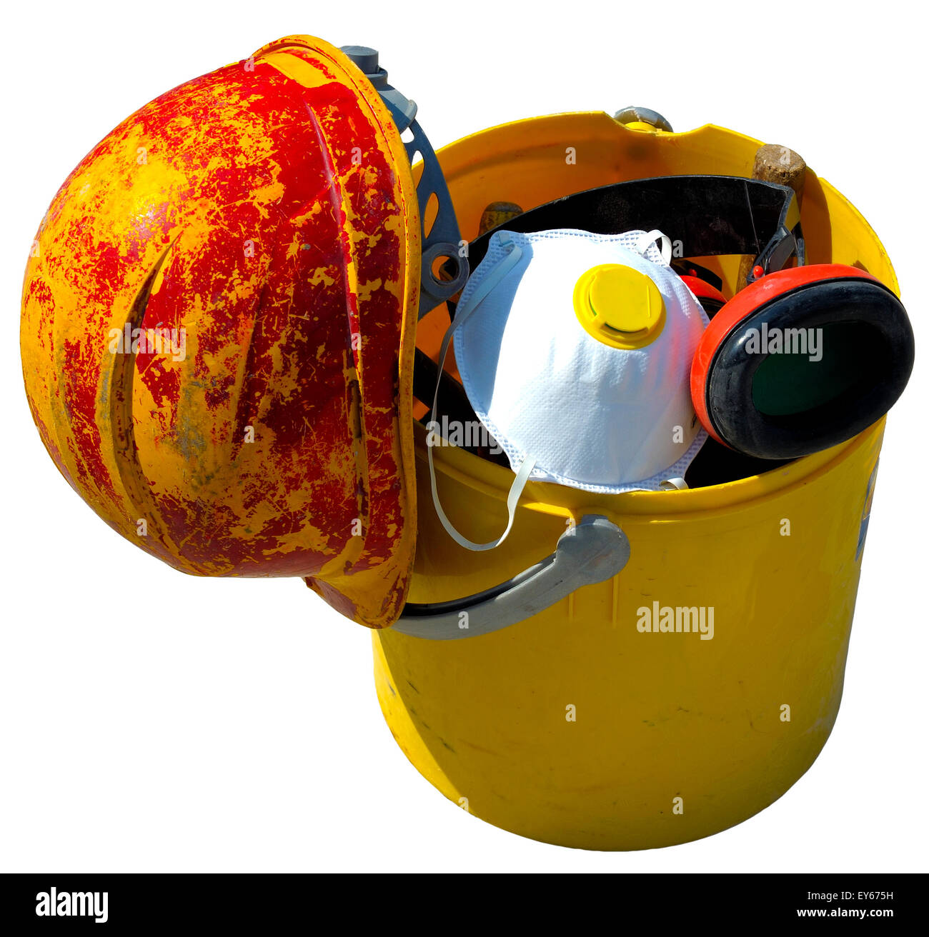 bucket with tools and construction safety equipment. Helmet, cap, mask ...