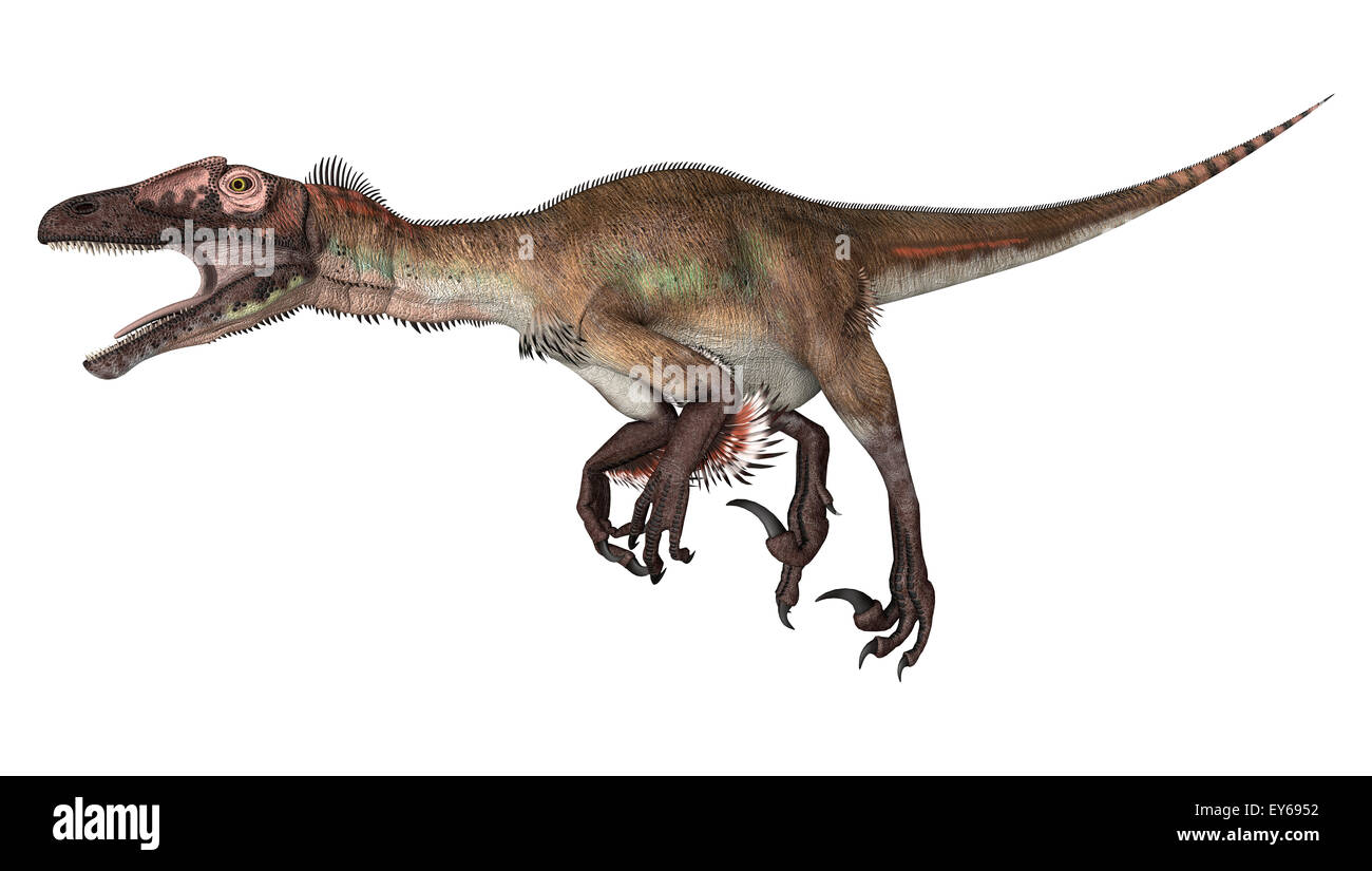 3D digital render of a dinosaur utahraptor running isolated on white ...
