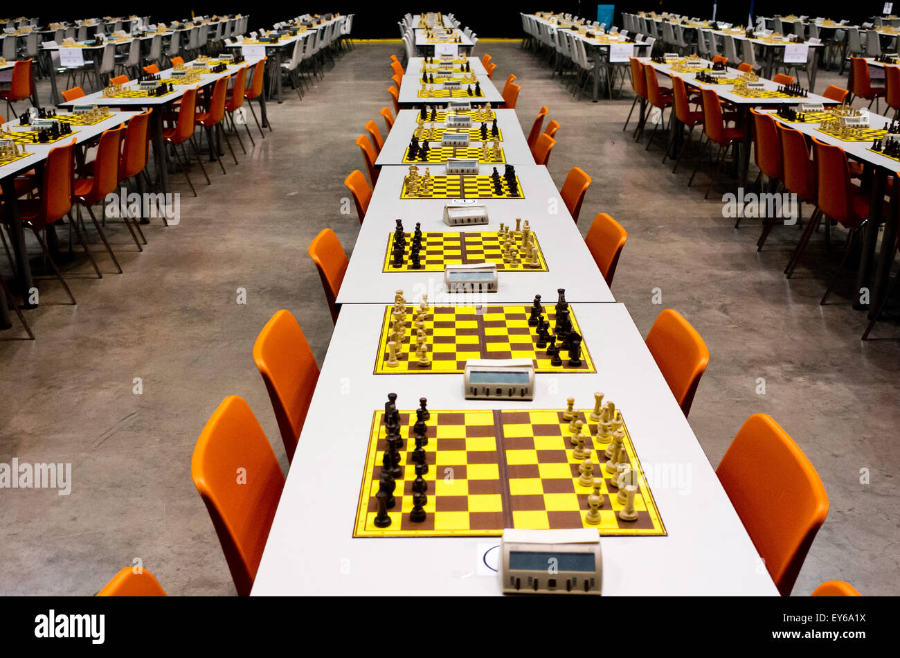 rows of chessboards in a tournament hall Stock Photo - Alamy