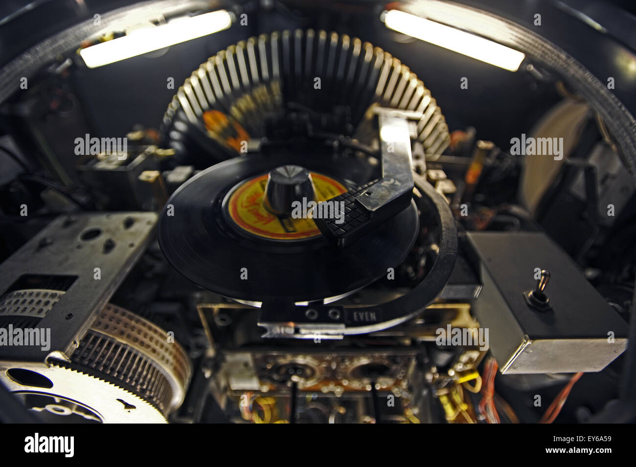 View of a turntable and mechanics of a vintage Ami Continental II ...