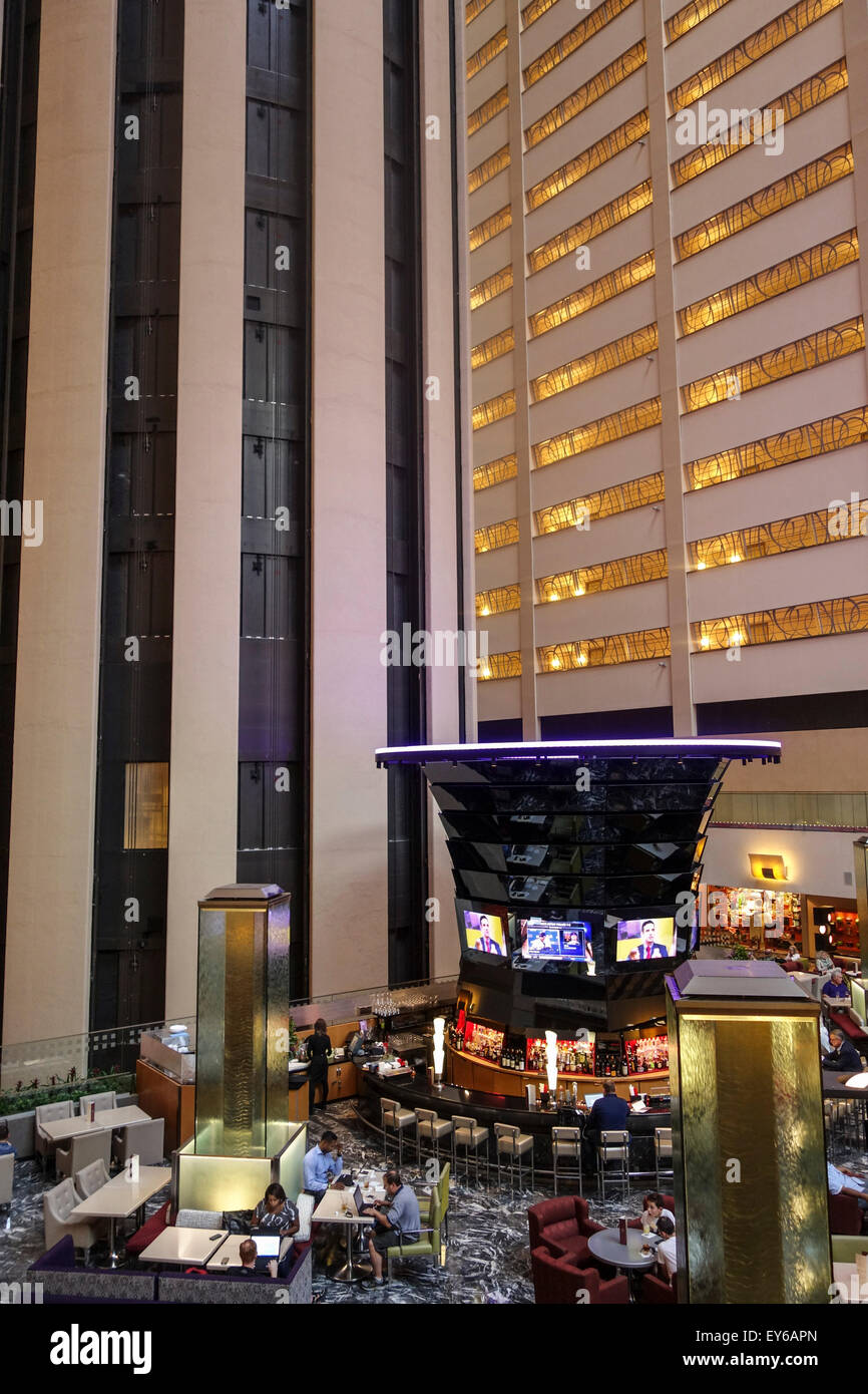 Interior of the Marriott Marquis, Atrium View, with elevators, bar cafe ...
