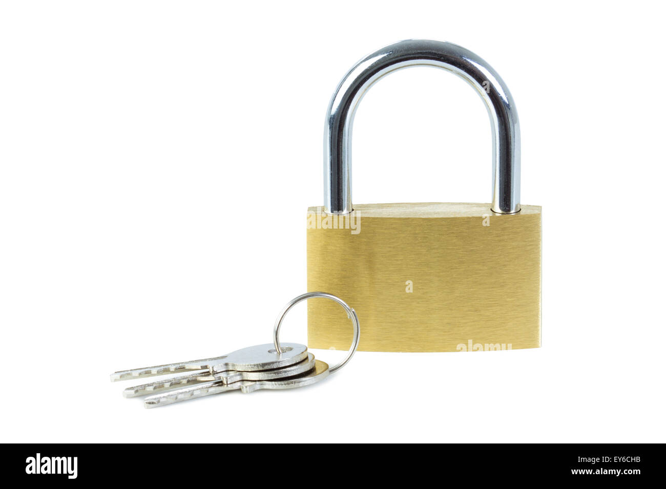 Close-up of a locked padlock and keys, viewed from front, isolated on ...