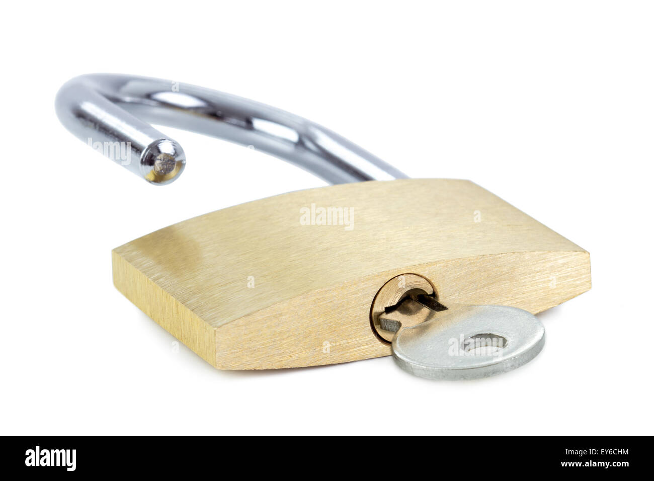 Close-up of an unlocked padlock with a key in the keyhole, isolated on ...