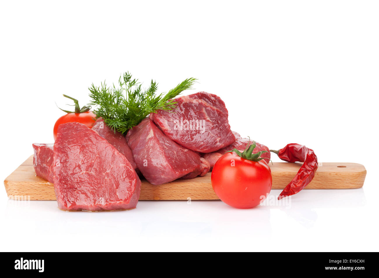 Raw fillet beef steak and spices on cutting board. Isolated on white ...
