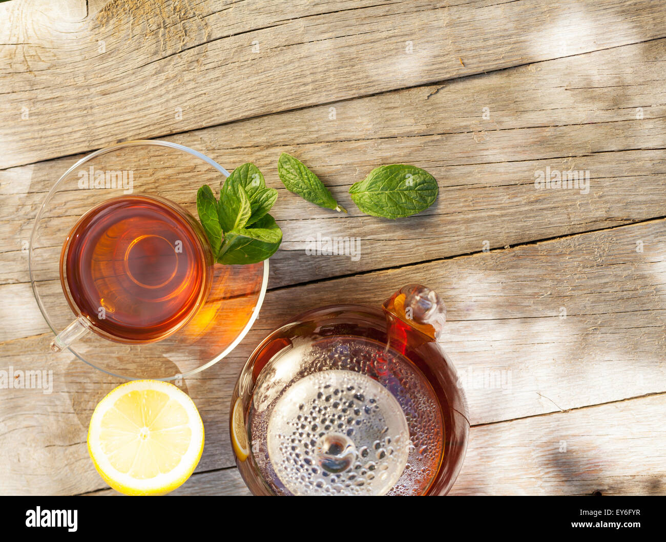 Breakfast tea on table in sunny garden. Top view with copy space Stock ...