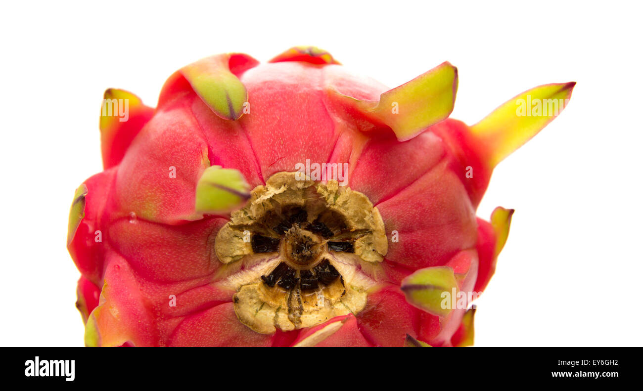 whole red dragon fruit with green scales isolated on white Stock Photo ...