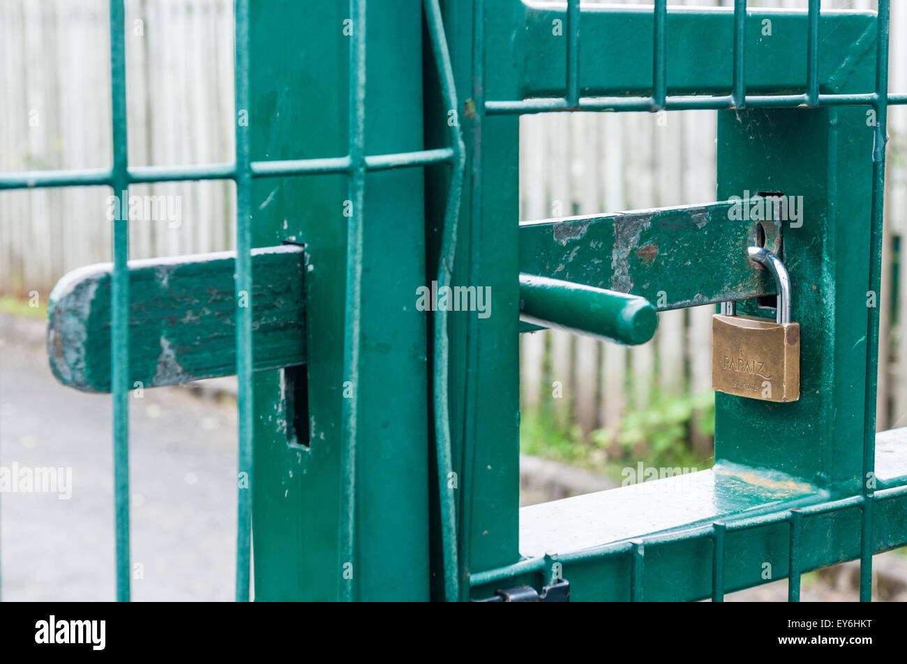 Padlock on a steel security gate Stock Photo - Alamy