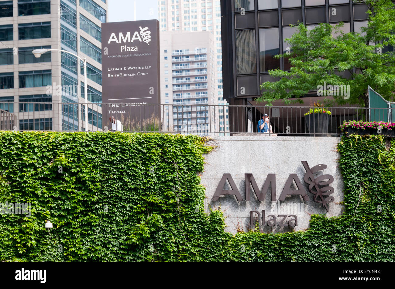 A sign for AMA Plaza on an ivy covered wall facing the Chicago River ...