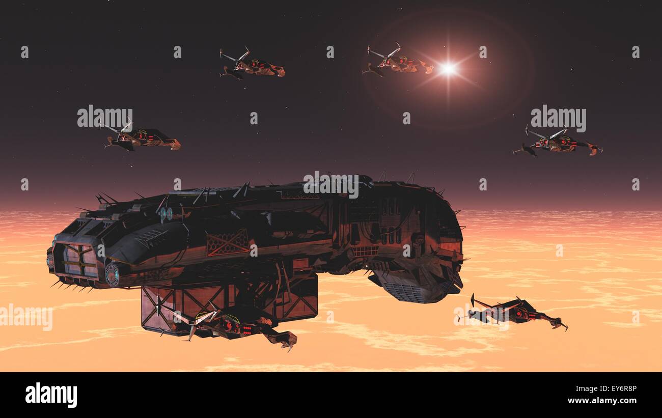 Science fiction space freighter escorted by squadron of fighters Stock ...