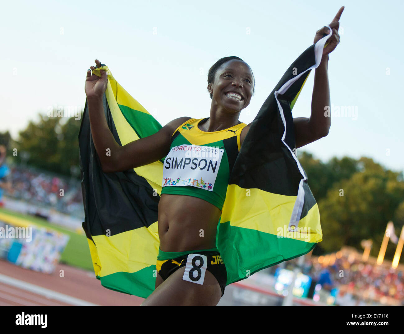 Toronto, Canada. 22nd July, 2015. Sherone Simpson of Jamaica celebrates ...