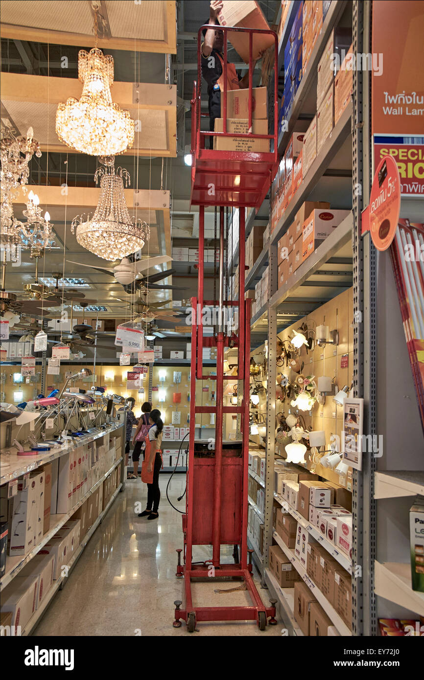Shelf stacking. Loading hoist and operator. Department store. Thailand ...