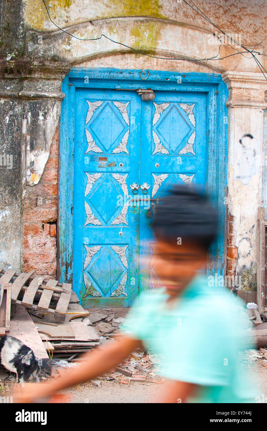 old turquiose wood door, market corner, fort cochin, kerala, india ...