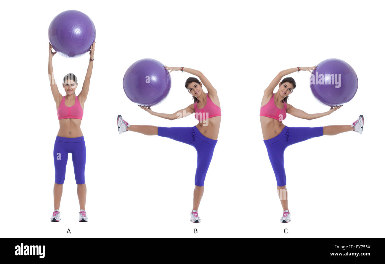 Step by step instructions for lateral abs holding a swiss ball. Bend ...