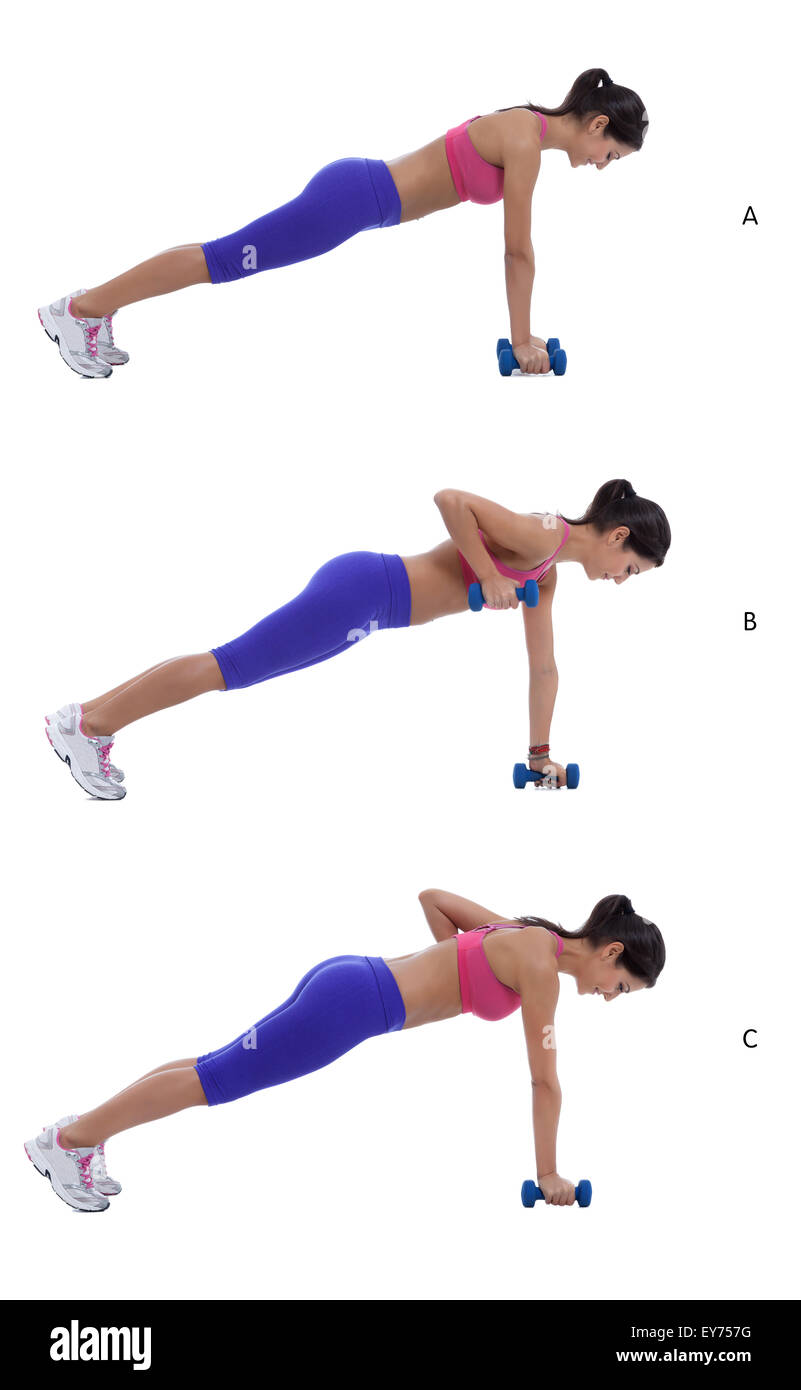Step by step instructions: Holding weights, begin in a full plank ...