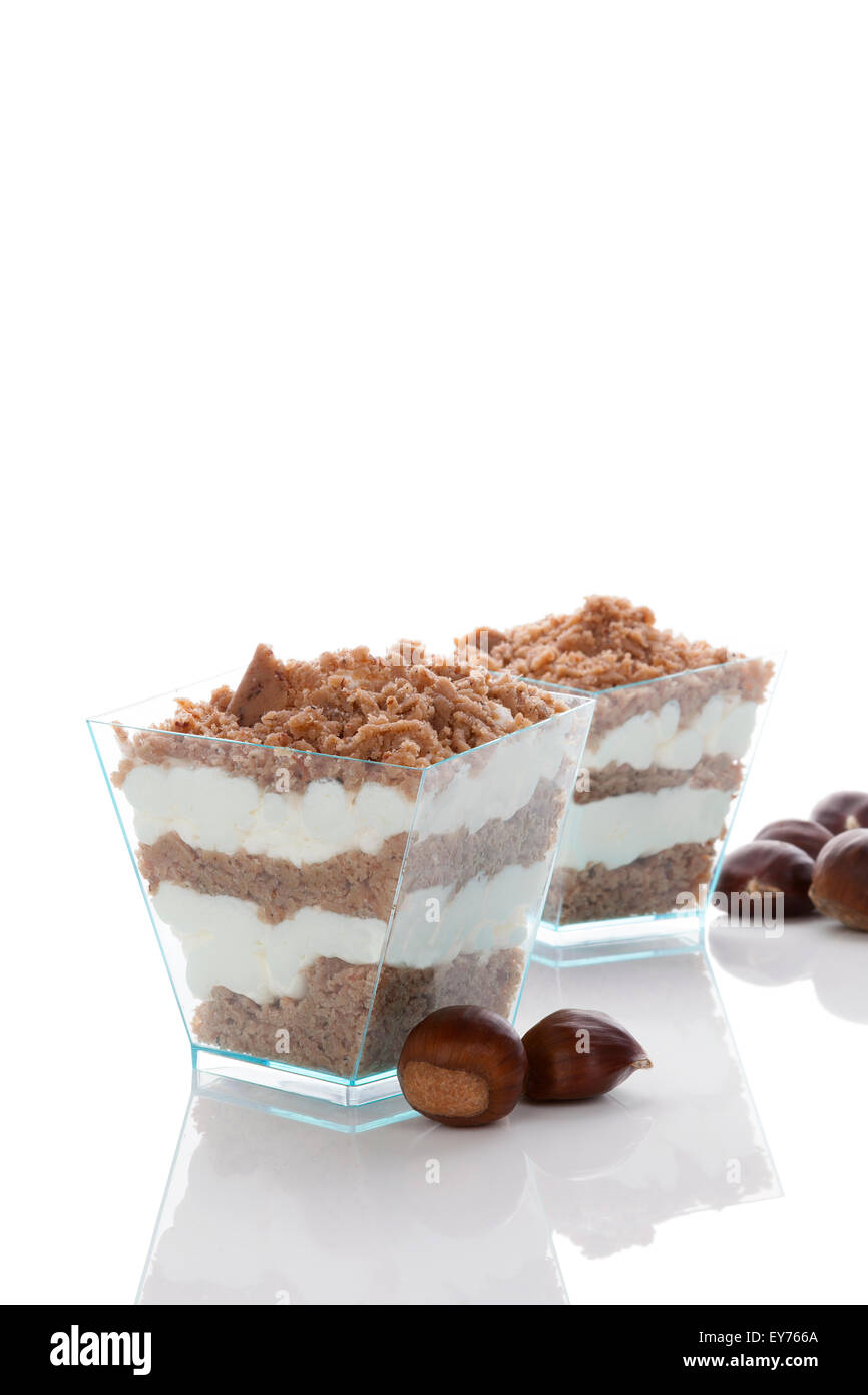 Chestnut puree dessert and chestnuts isolated on white background ...