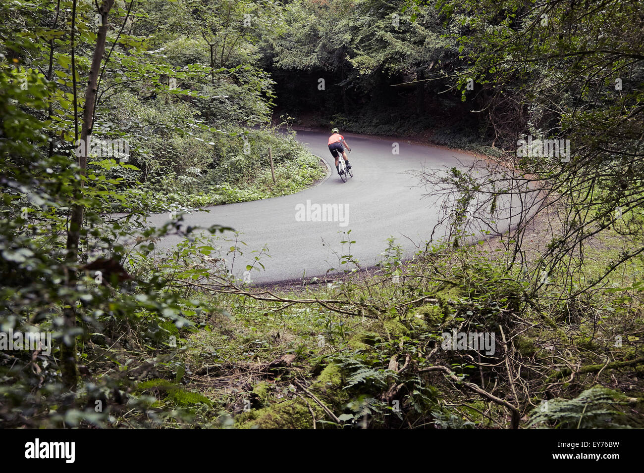 Cyclist rides around a corner on a sweeping road Stock Photo - Alamy